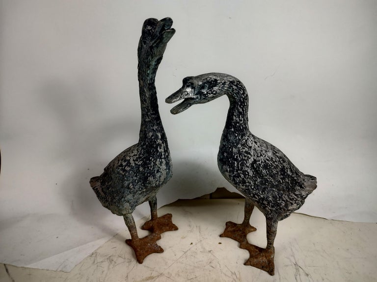 Midcentury Pair of Cast Alminum Garden Geese Indoor Outdoor with Patina ...