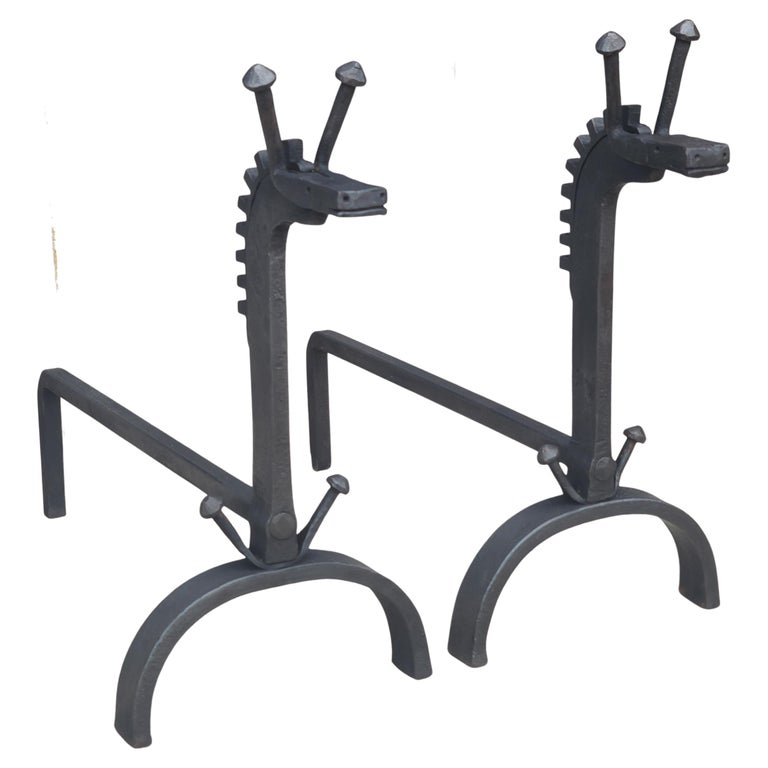 Mid Century Pair of Forged Iron a Giraffe Andirons For Sale at 1stDibs