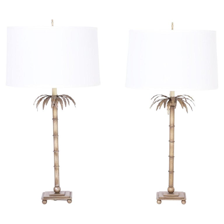 Mid-Century Pair of Italian Metal Palm Tree Table Lamps For Sale at 1stDibs