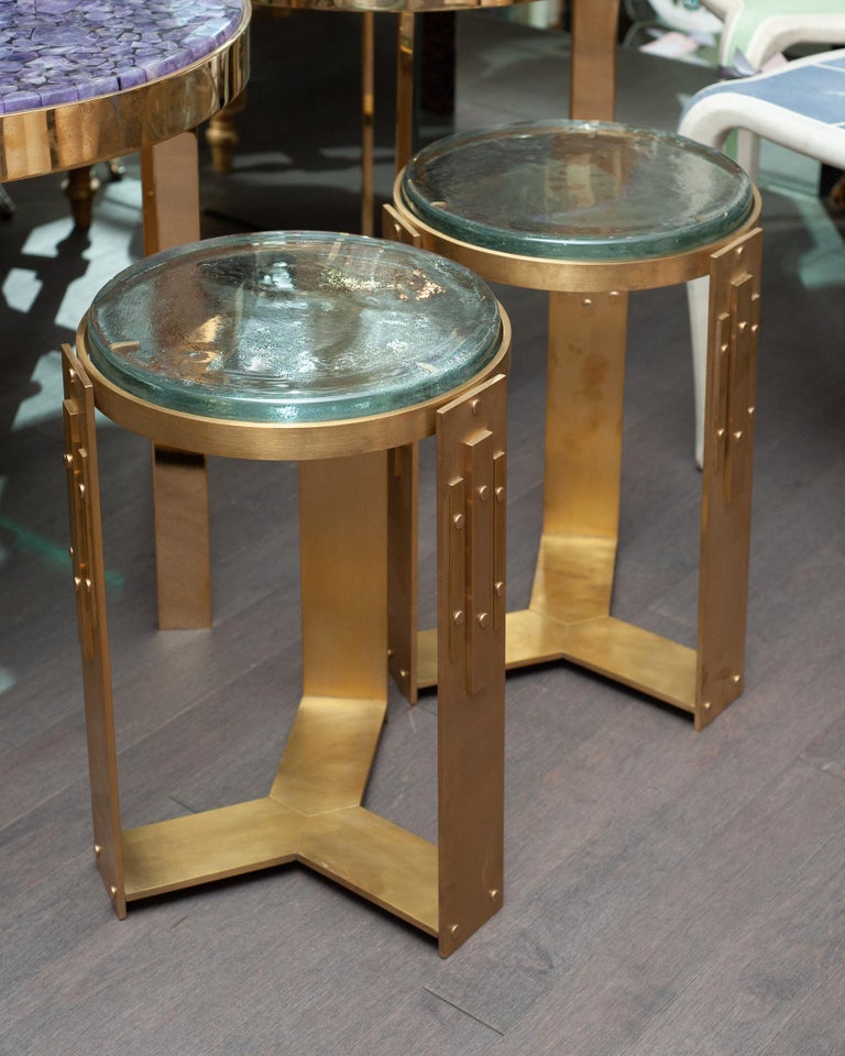 Mid-Century Pair of Murano Glass Tables with Art Deco Brass Bases For ...