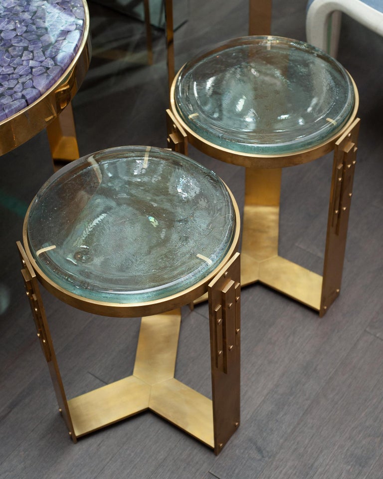 Mid-Century Pair of Murano Glass Tables with Art Deco Brass Bases For ...