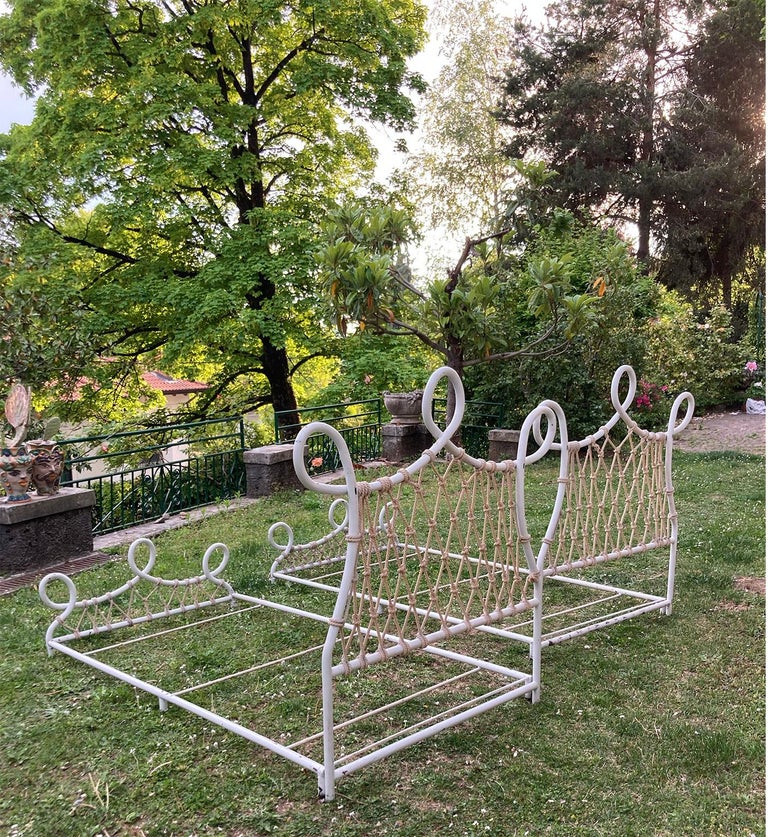 Mid-Century Pair of Unique Italian Beds in White Curved Tubular and ...