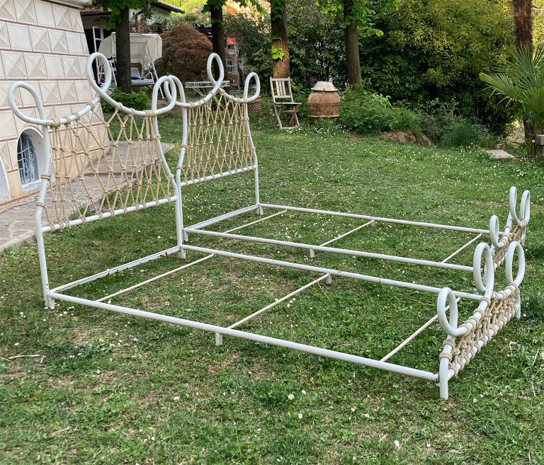 Mid-Century Pair of Unique Italian Beds in White Curved Tubular and ...