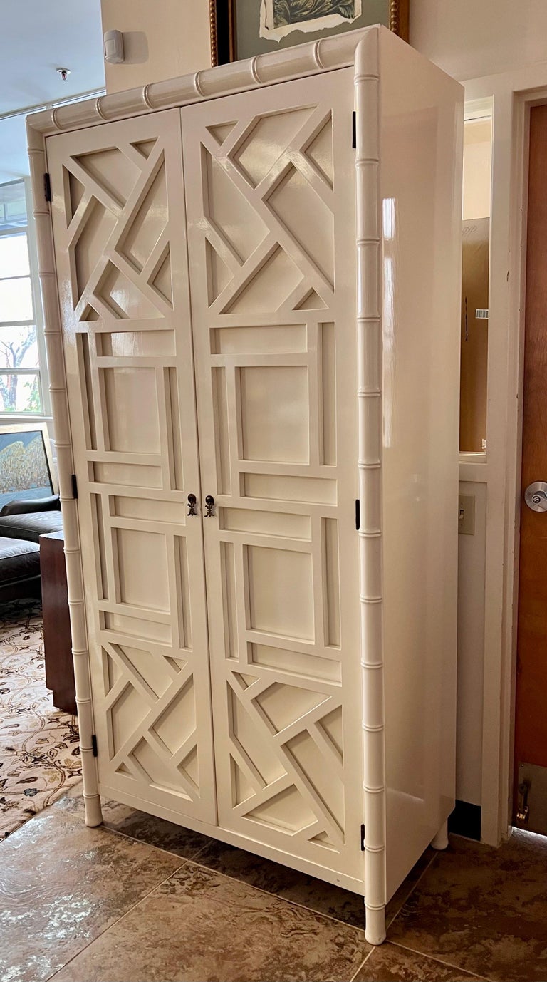 Midcentury Palm Beach Regency Faux Bamboo White Lacquered Linen Press ...