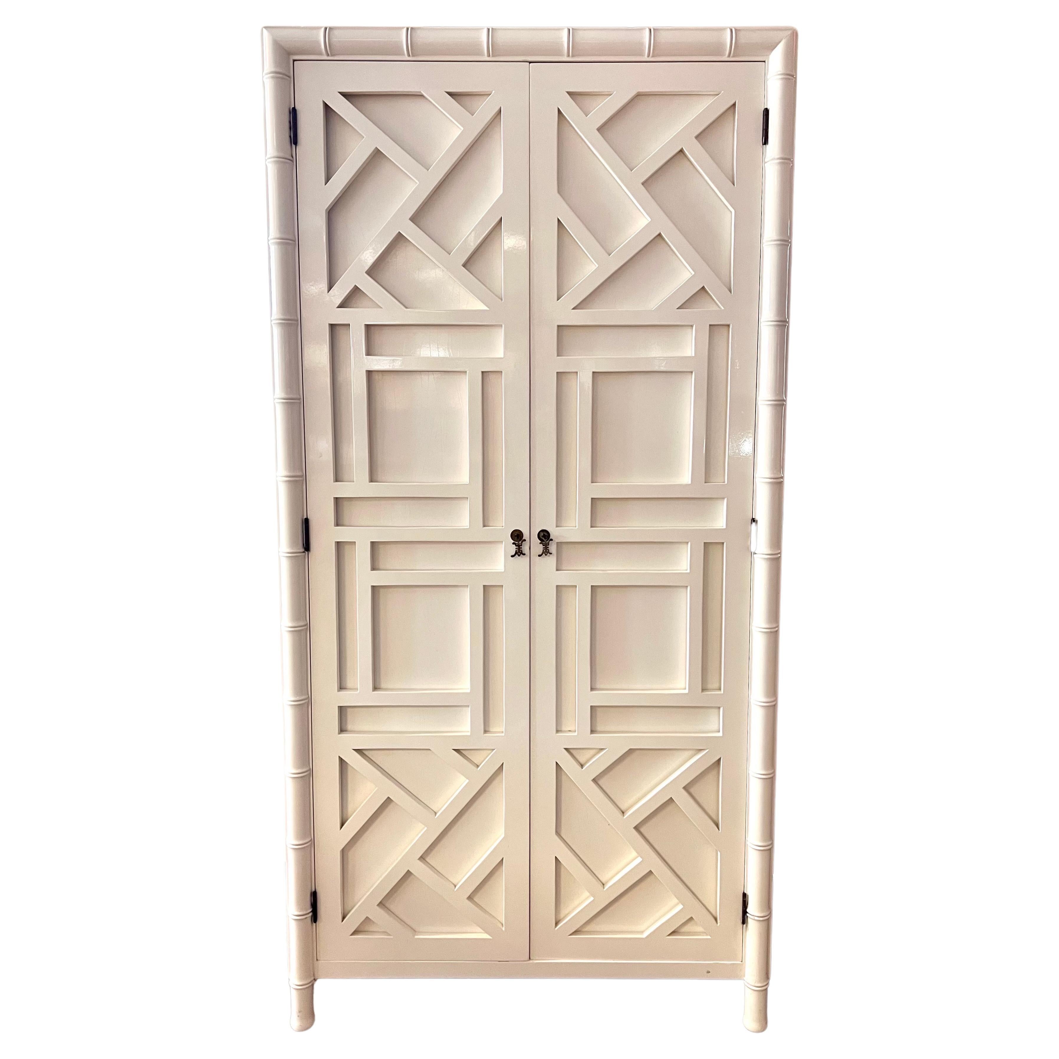 Midcentury Palm Beach Regency Faux Bamboo White Lacquered Linen Press ...