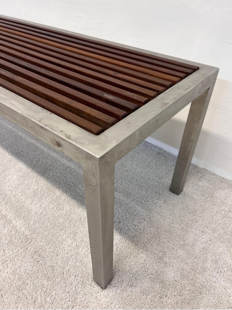 Mid-Century Parsons Style Teak Slat and Steel Indoor or Outdoor Bench ...