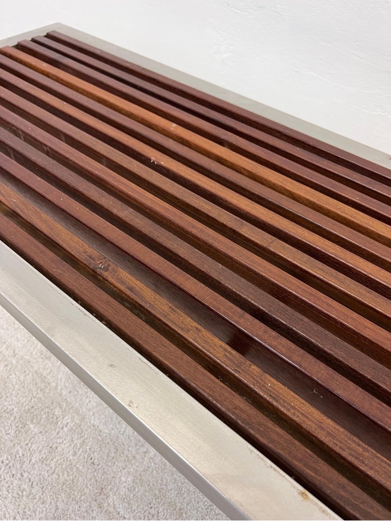 Mid-Century Parsons Style Teak Slat and Steel Indoor or Outdoor Bench ...