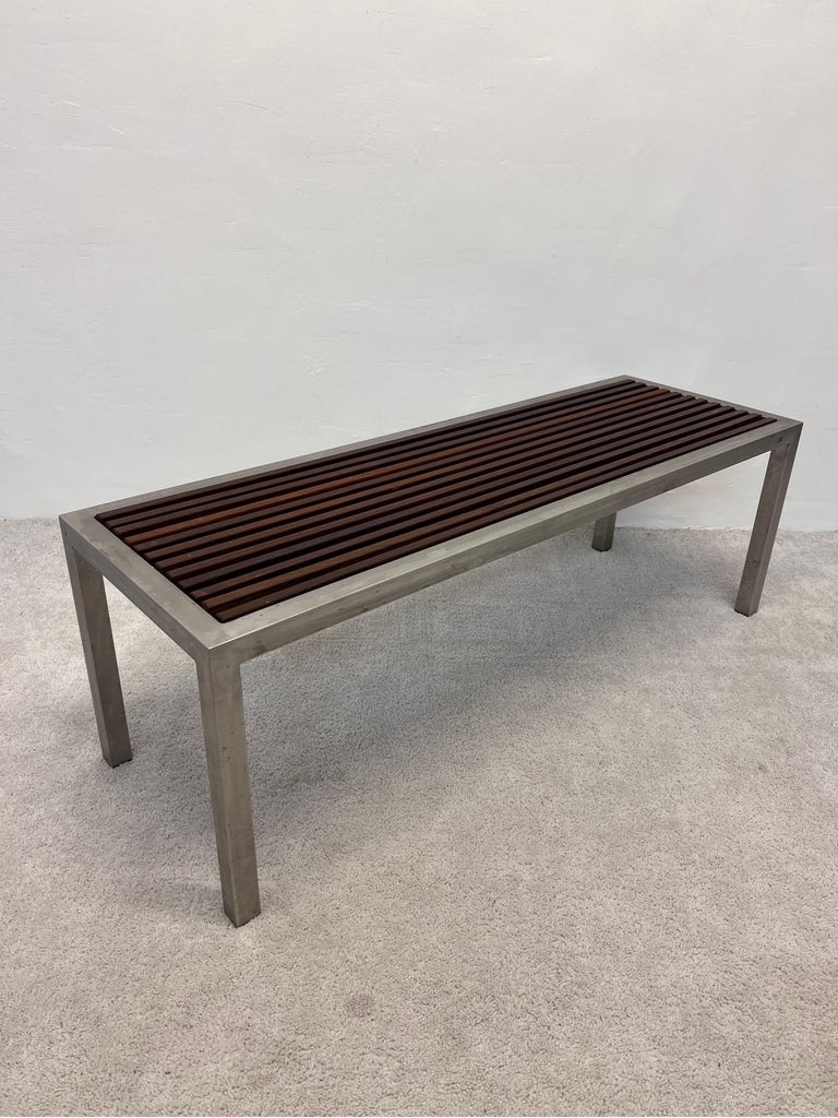 Mid-Century Parsons Style Teak Slat and Steel Indoor or Outdoor Bench ...