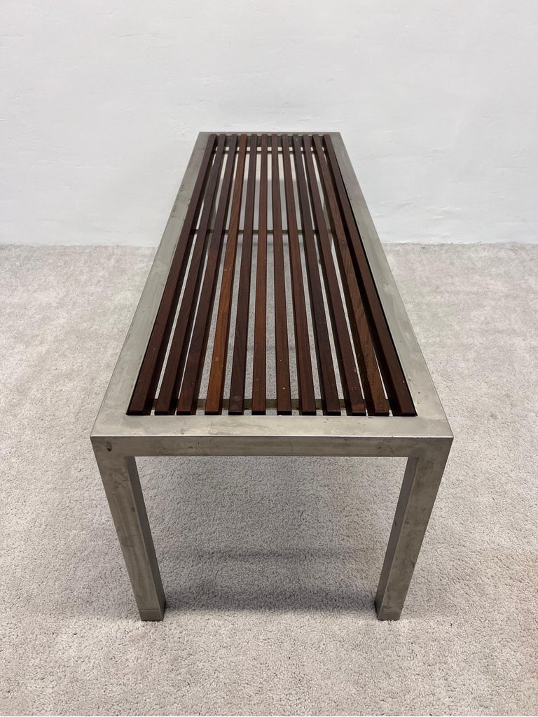 Mid-Century Parsons Style Teak Slat and Steel Indoor or Outdoor Bench ...