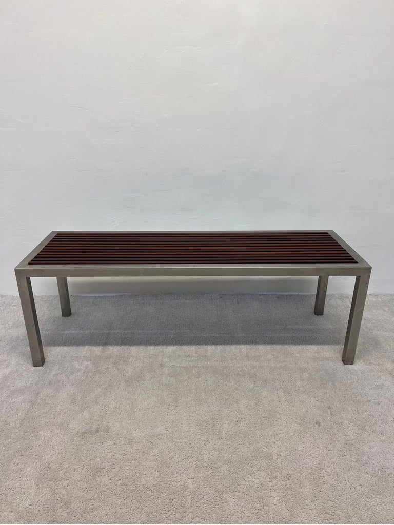 Mid-Century Parsons Style Teak Slat and Steel Indoor or Outdoor Bench ...
