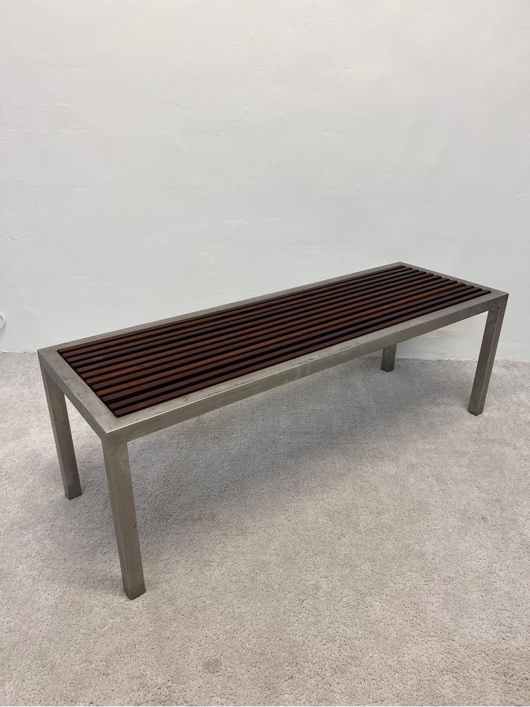 Mid-Century Parsons Style Teak Slat and Steel Indoor or Outdoor Bench ...