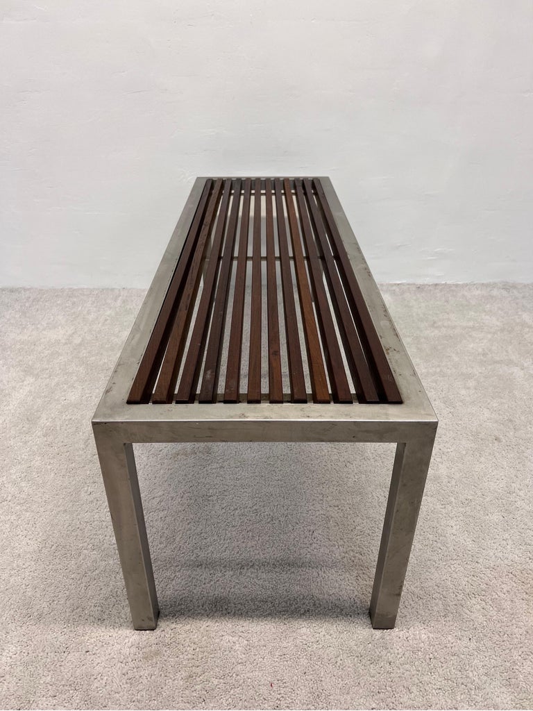 Mid-Century Parsons Style Teak Slat and Steel Indoor or Outdoor Bench ...
