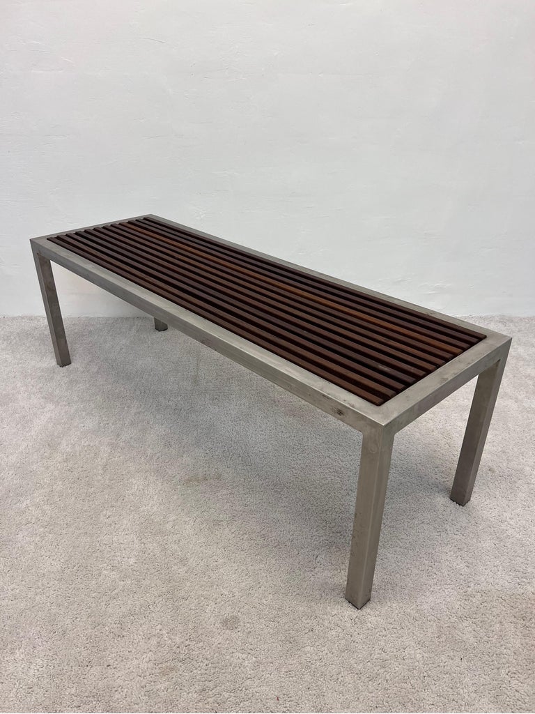 Mid-Century Parsons Style Teak Slat and Steel Indoor or Outdoor Bench ...