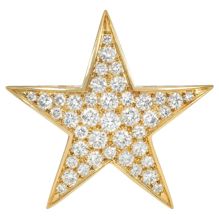 Midcentury Pavé Diamond and Gold Star Brooch For Sale at 1stDibs