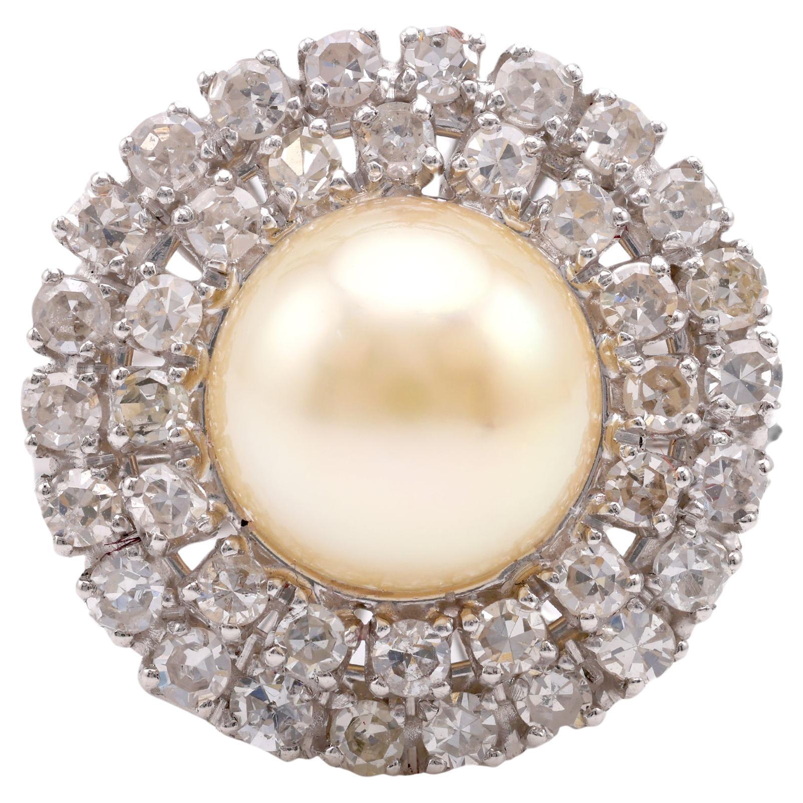 Mid Century Pearl Diamond Platinum Cluster Ring For Sale at 1stDibs