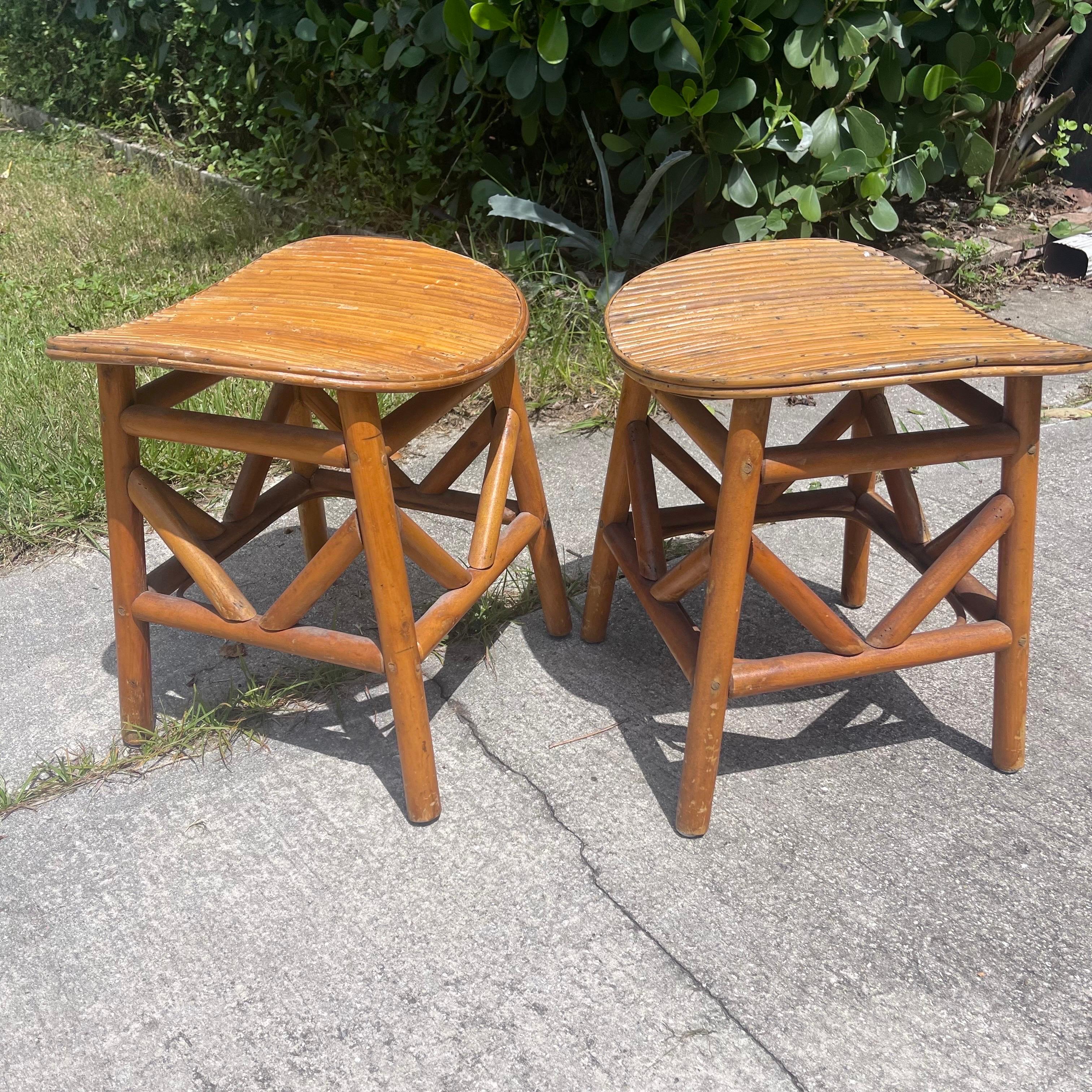 Mid-Century Pencil Reed and Rattan Stools, a Pair For Sale at 1stDibs