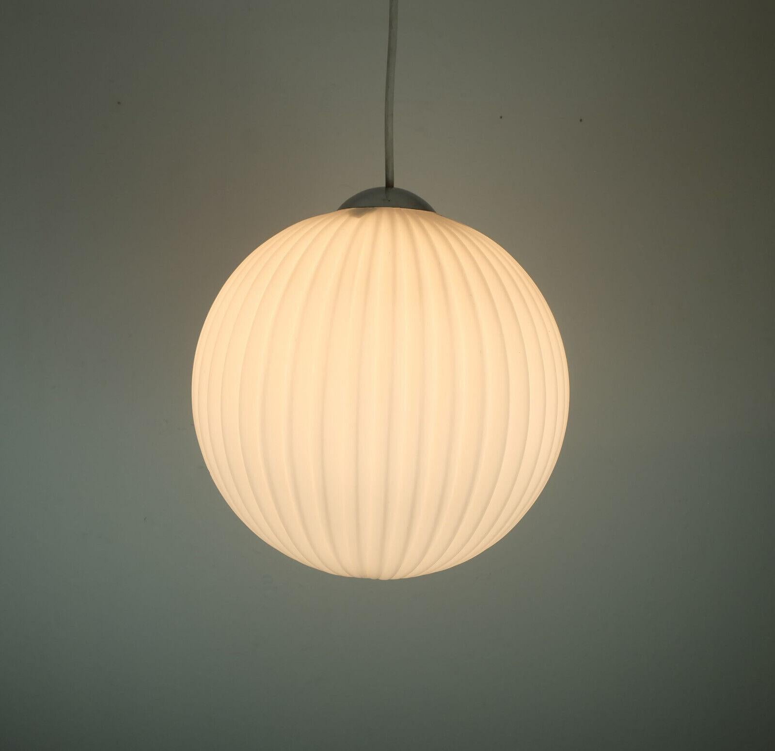 mid century PENDANT LAMP 1960s white opaline glass shade with pleated ...