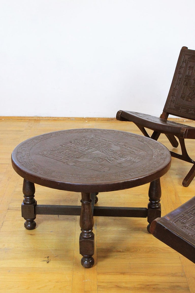 Midcentury Peruvian Hand Tooled Leather Coffee Table For Sale at 1stdibs