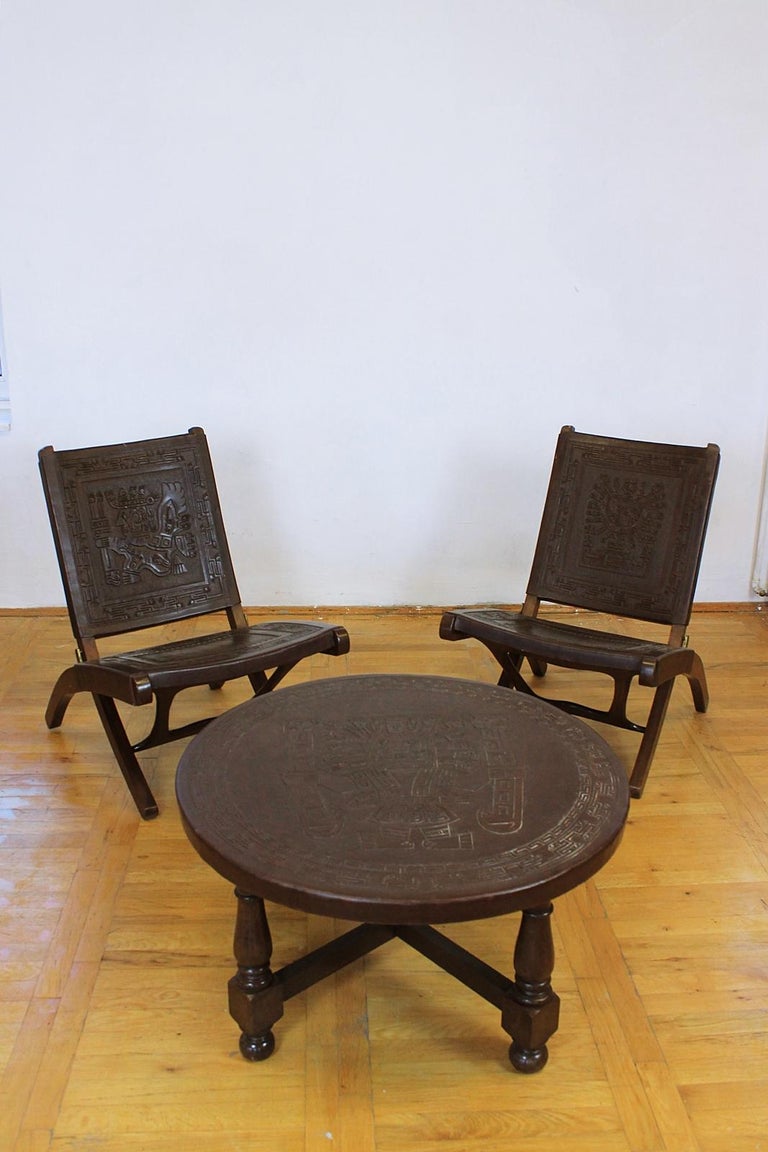 Midcentury Peruvian Hand Tooled Leather Coffee Table For Sale at 1stdibs