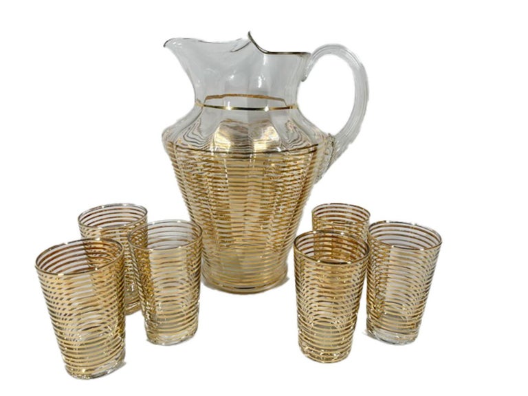 Mid-Century Pitcher Set with Gold Lines / Pitcher and 6 Cocktail ...