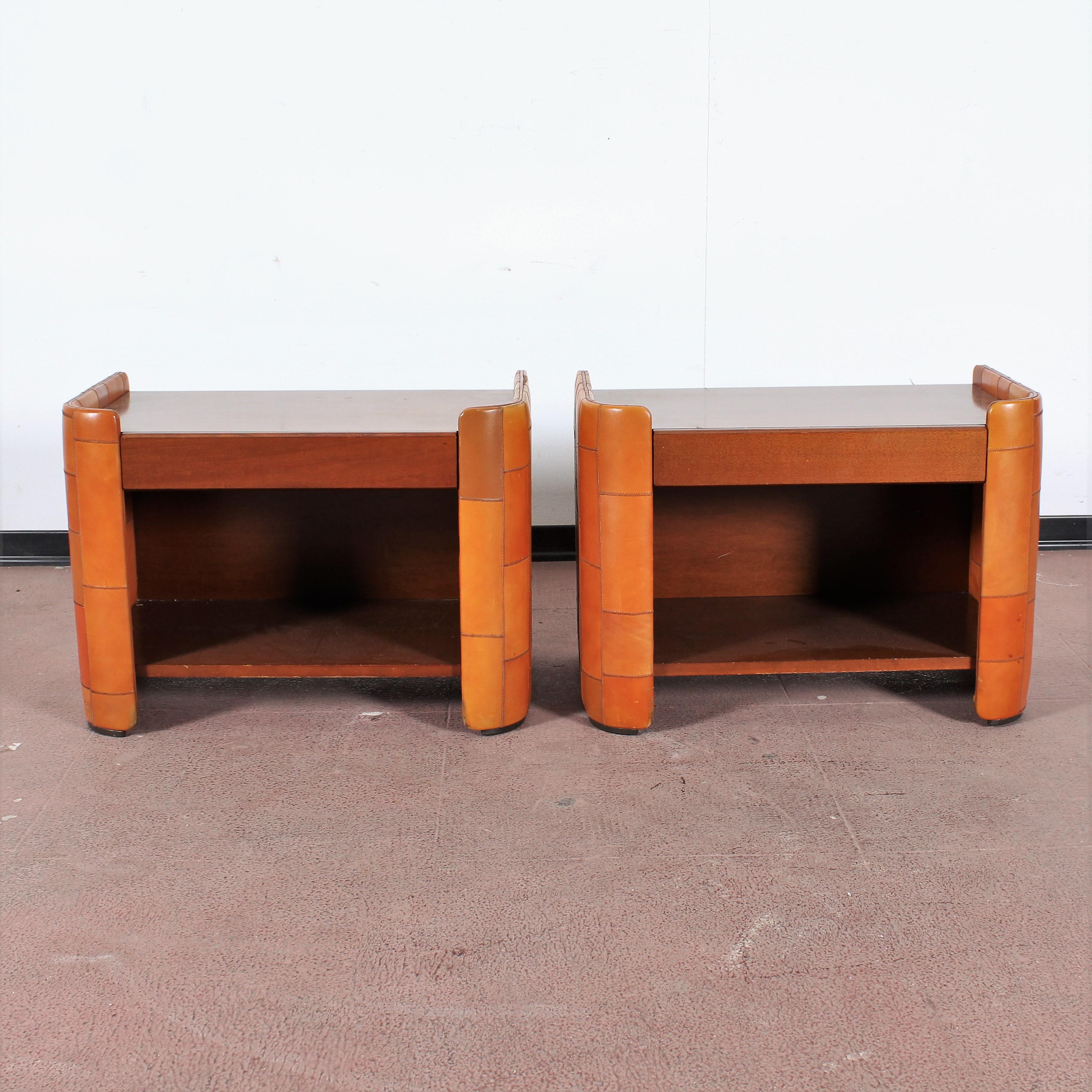 Midcentury Poltrona Frau Wood and Leather Commode and Nightstands ...