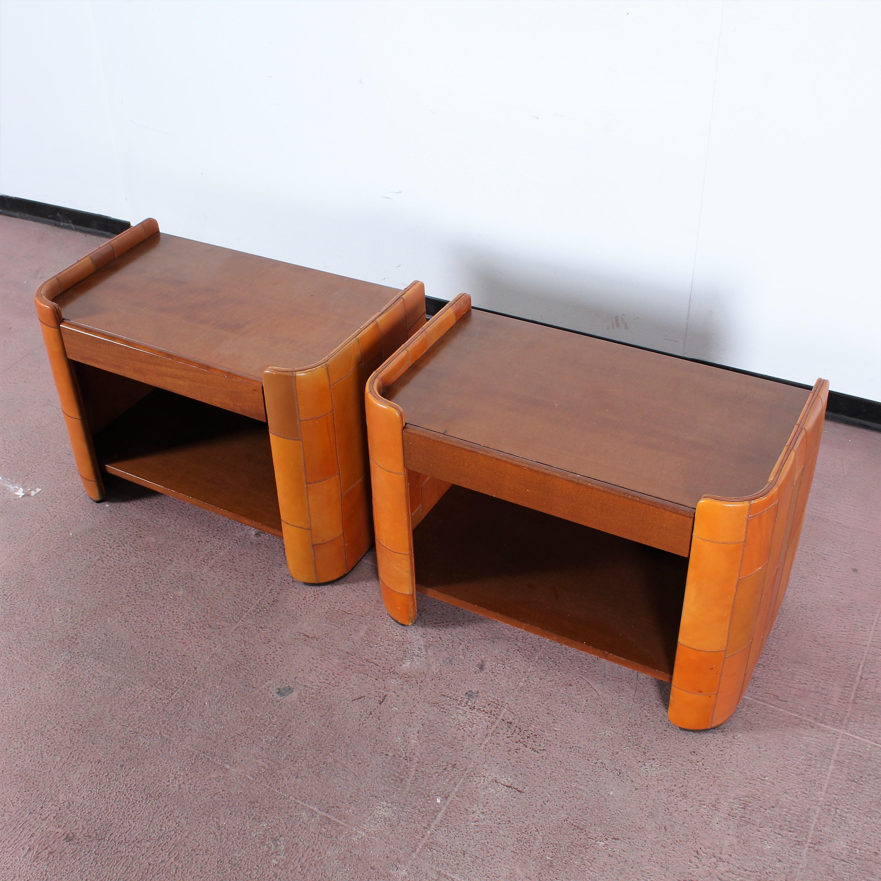 Midcentury Poltrona Frau Wood and Leather Commode and Nightstands ...