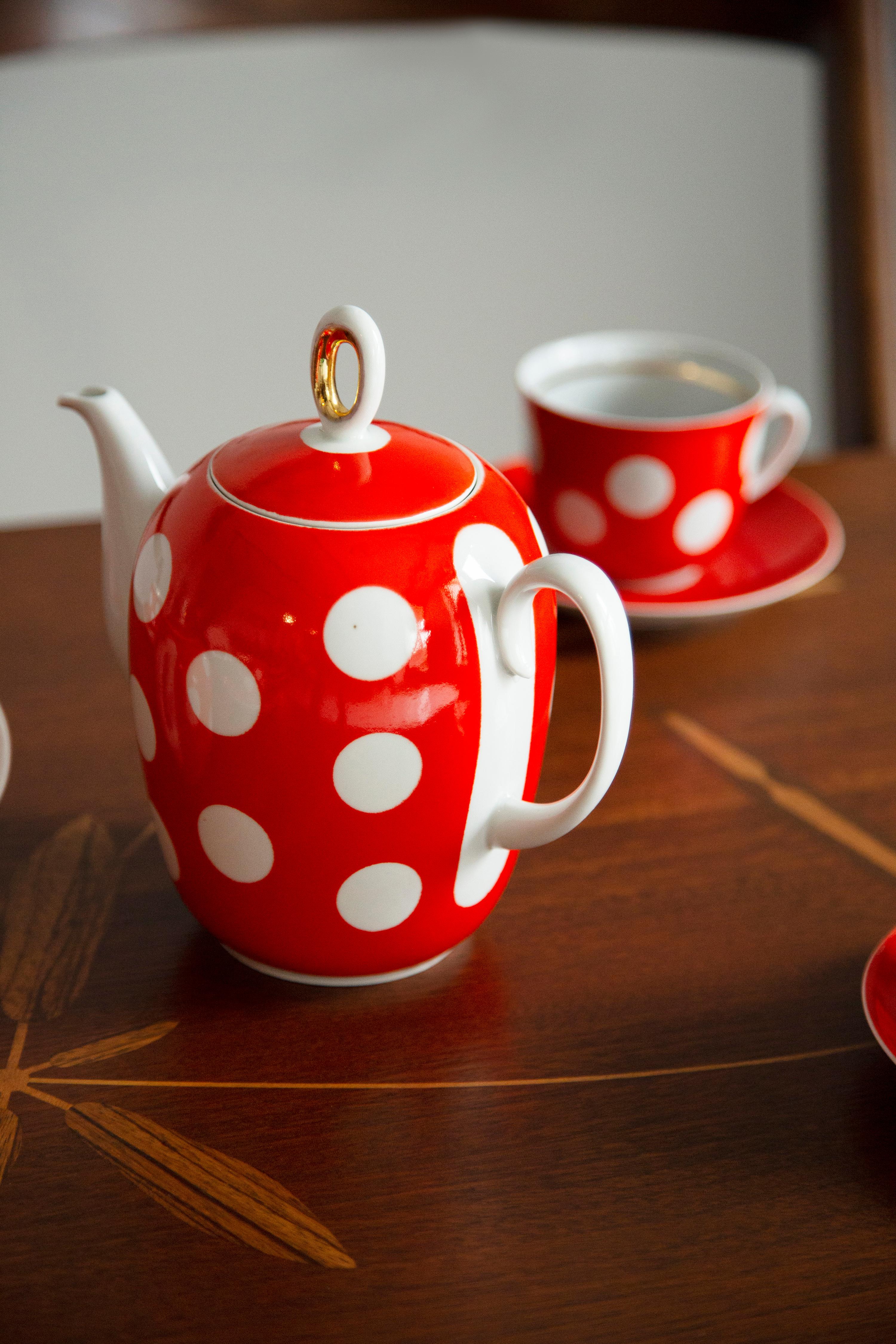 Midcentury Porcelain Red Dots Tea Coffee Service Jug and Cups, Poland ...