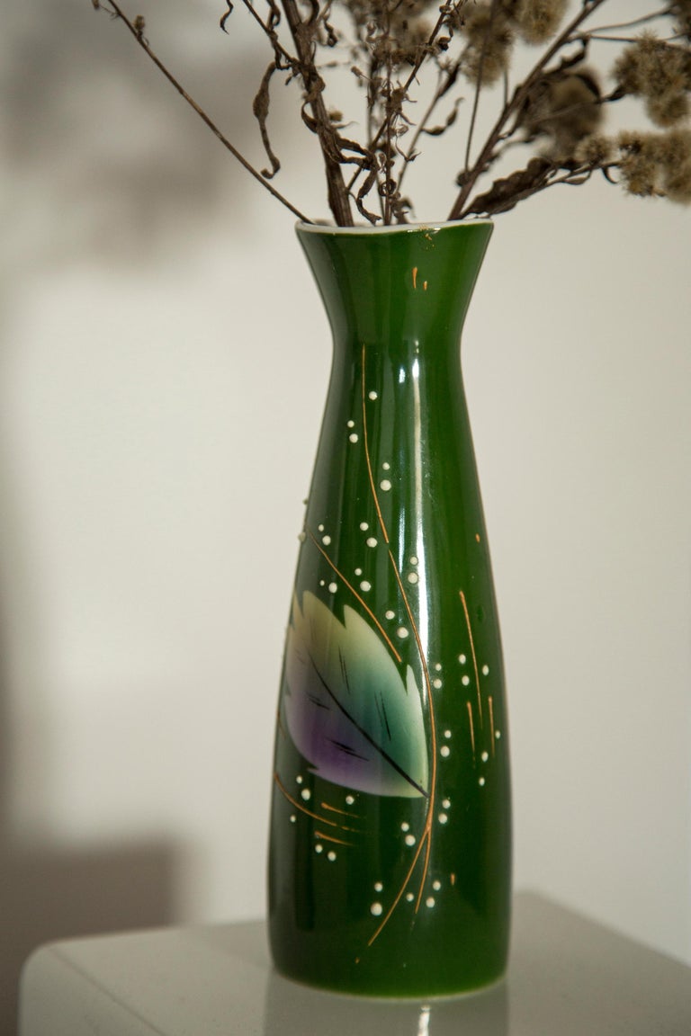 Midcentury Porcelain Small Green Vase, Hand Painted, Europe, 1960s For ...