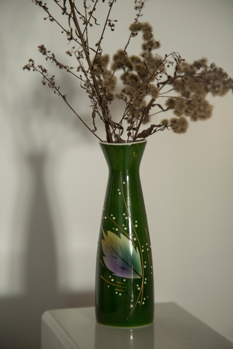 Midcentury Porcelain Small Green Vase, Hand Painted, Europe, 1960s For ...