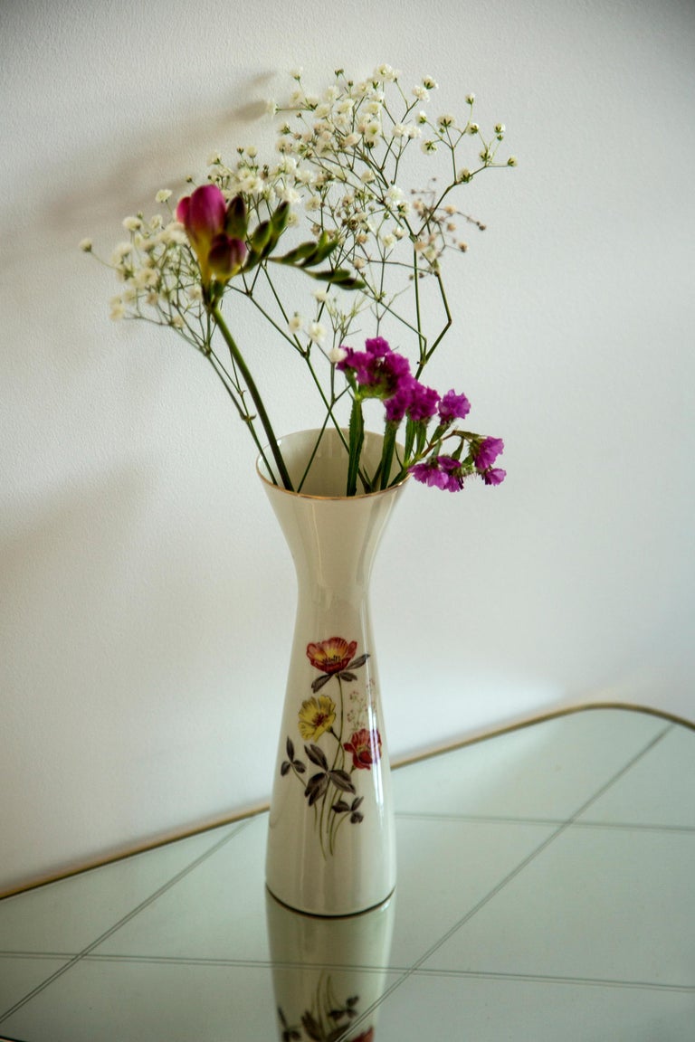 Midcentury Porcelain White Mini Vase with Roses, Hand Painted, Europe ...