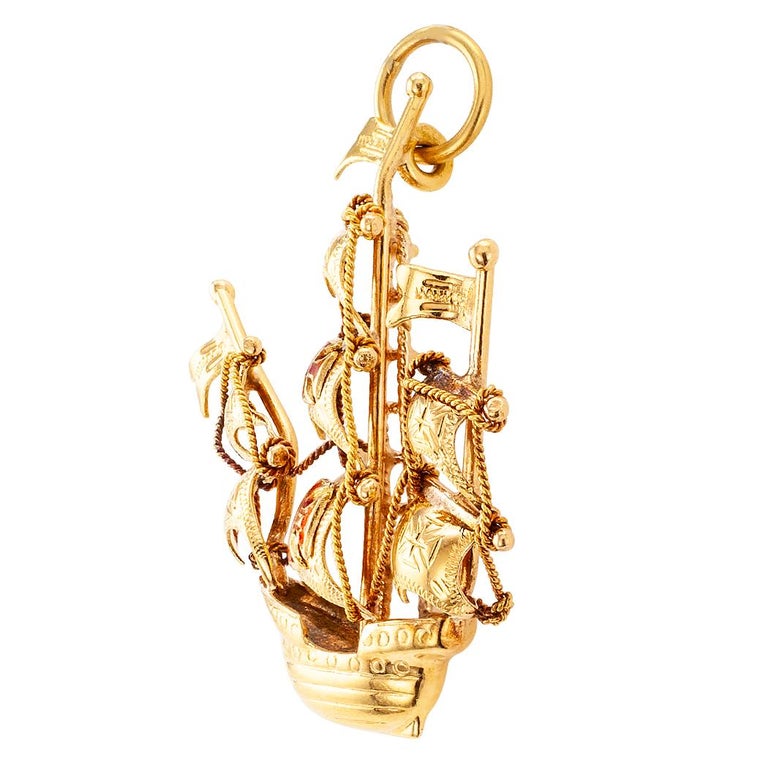 Midcentury Portuguese Enamel Gold Galleon Ship Charm at 1stDibs