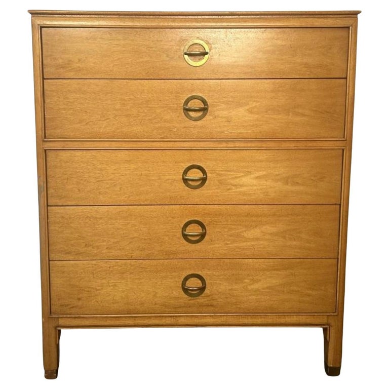Midcentury Post Modern Oak 5 Drawer Dresser Brass Pulls Style of Dunbar ...