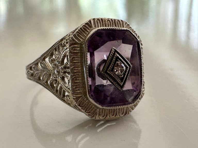 Midcentury Purple Amethyst and Diamond Filigree Ring For Sale at 1stDibs