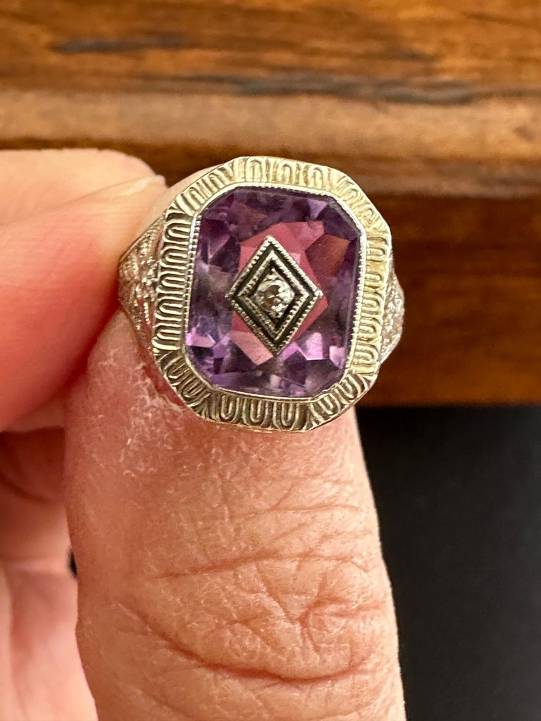 Midcentury Purple Amethyst and Diamond Filigree Ring For Sale at 1stDibs