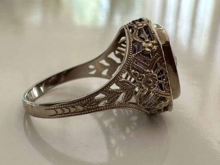 Midcentury Purple Amethyst and Diamond Filigree Ring For Sale at 1stDibs