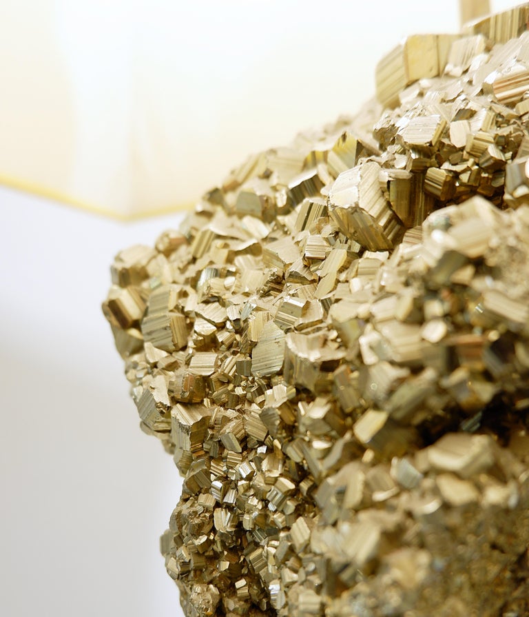 Mid-Century Pyrite Stone Table Lamp, Original Lampshade For Sale at 1stDibs