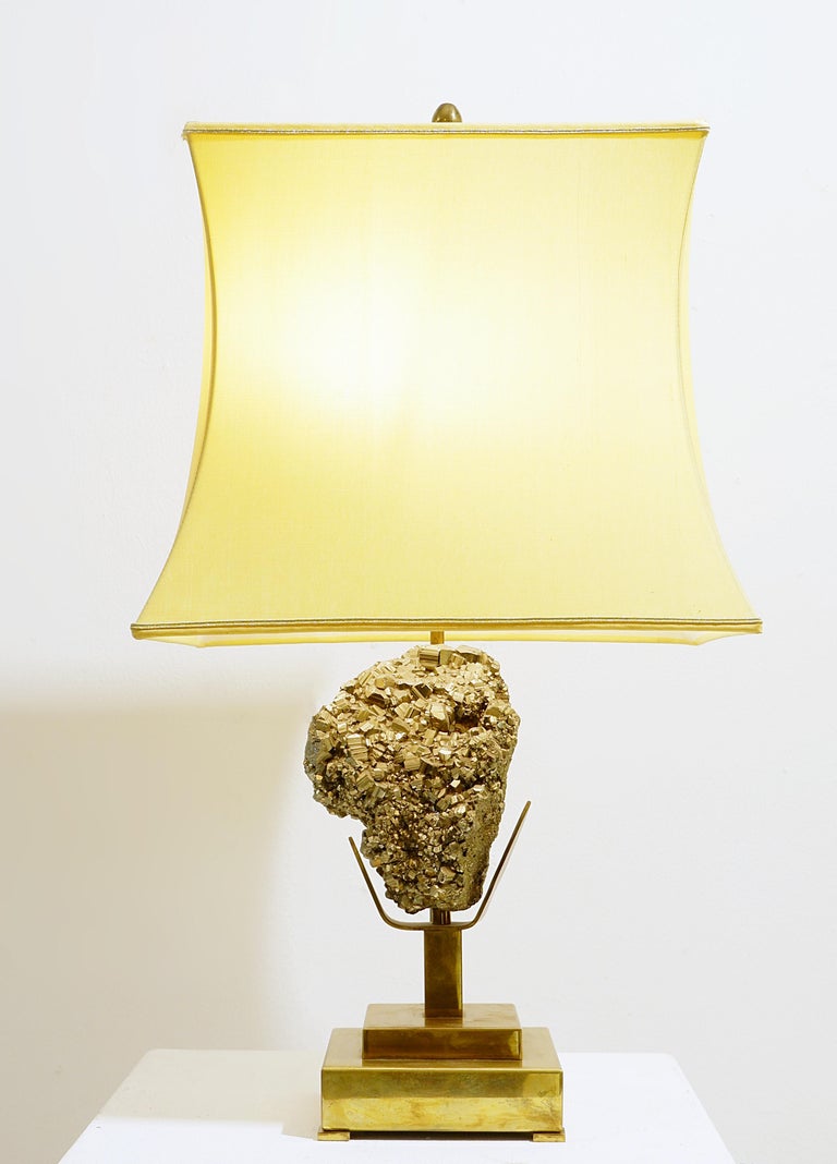 Mid-Century Pyrite Stone Table Lamp, Original Lampshade For Sale at 1stDibs