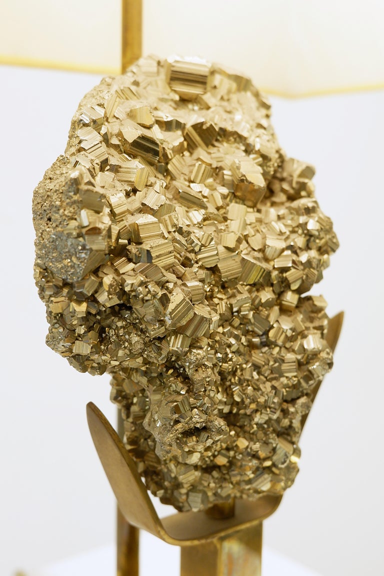 Mid-Century Pyrite Stone Table Lamp, Original Lampshade For Sale at 1stDibs