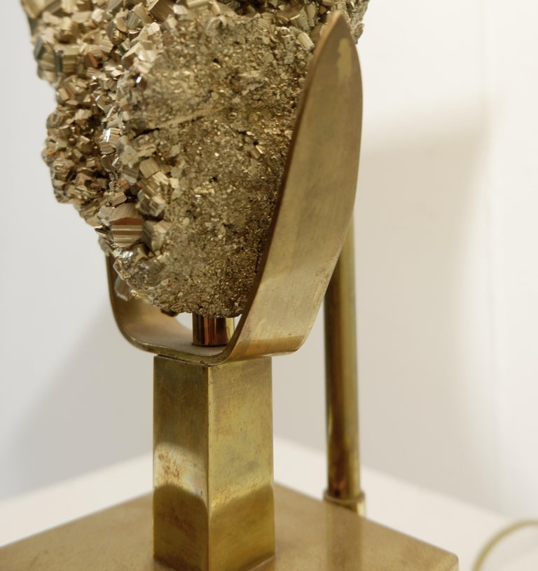 Mid-Century Pyrite Stone Table Lamp, Original Lampshade For Sale at 1stDibs