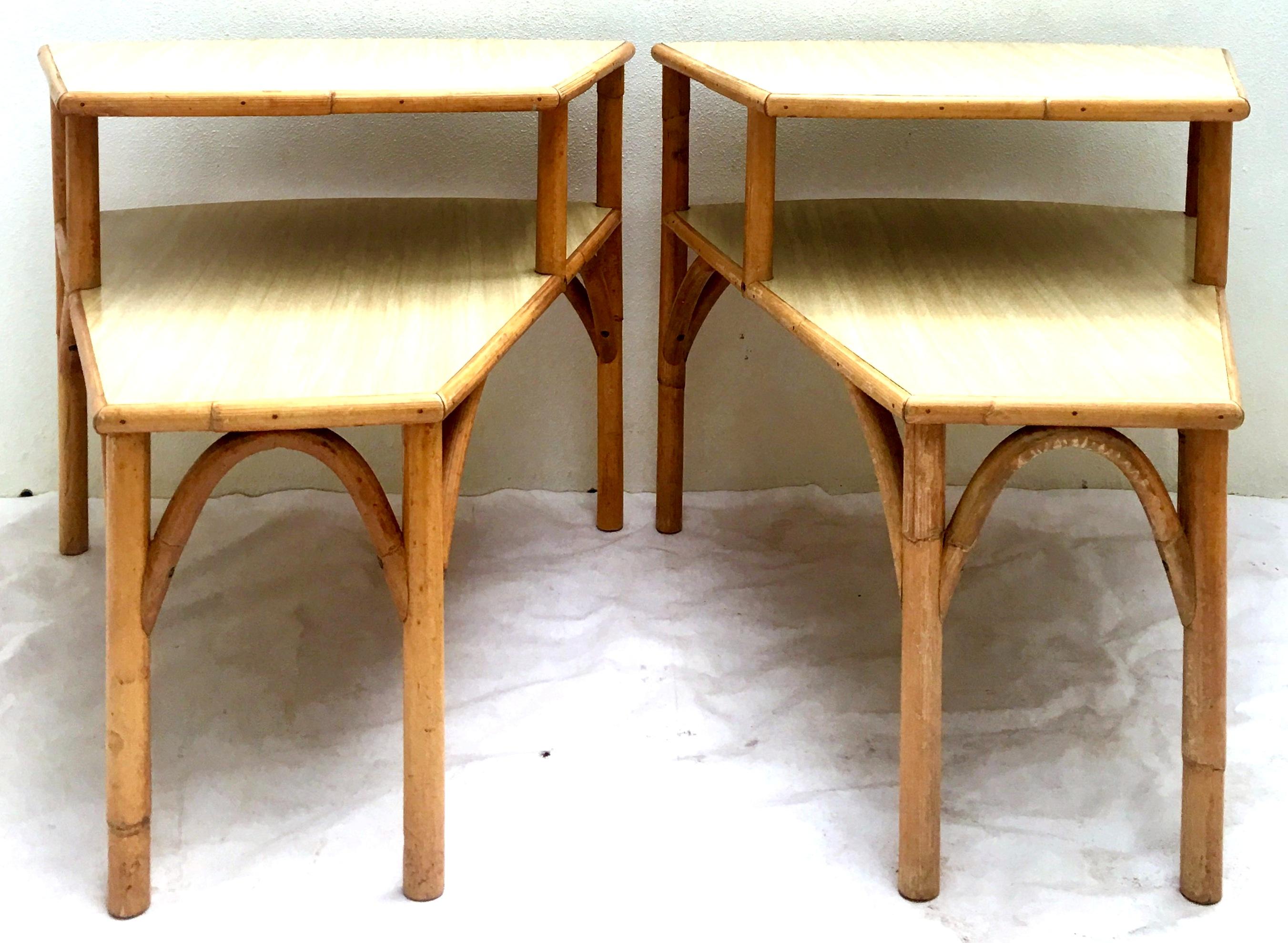 Mid-Century Rattan and Laminate Top Two-Tier Side Table, Pair For Sale ...