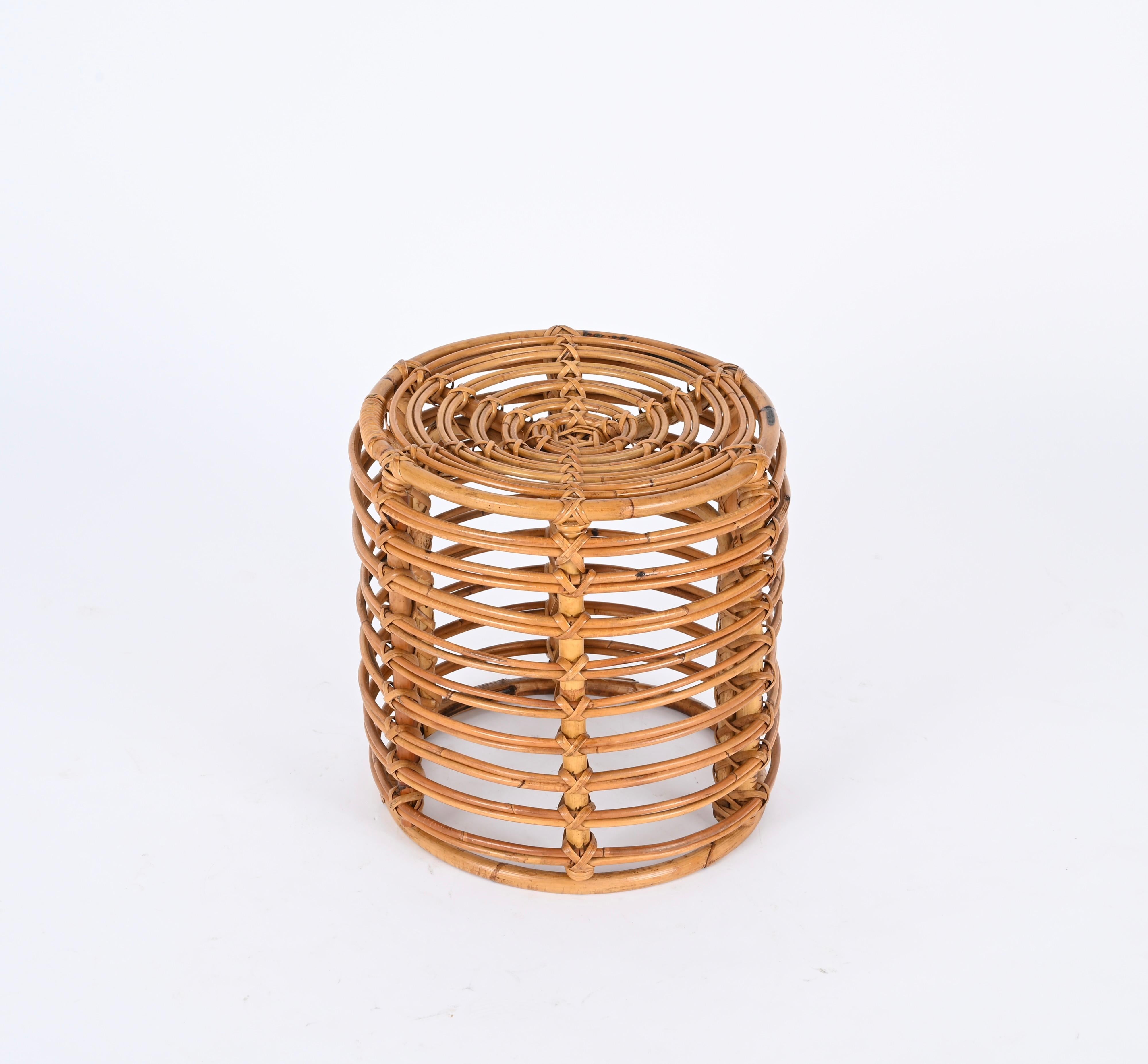 Mid-Century Rattan and Wicker Round Pouf Stool by Tito Agnoli, Italy ...