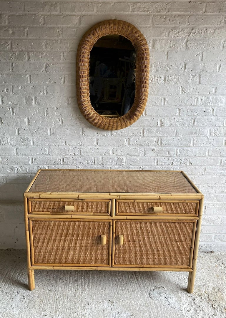 Mid Century Rattan and Cane Compact Sideboard, Italy, 1970s at 1stDibs