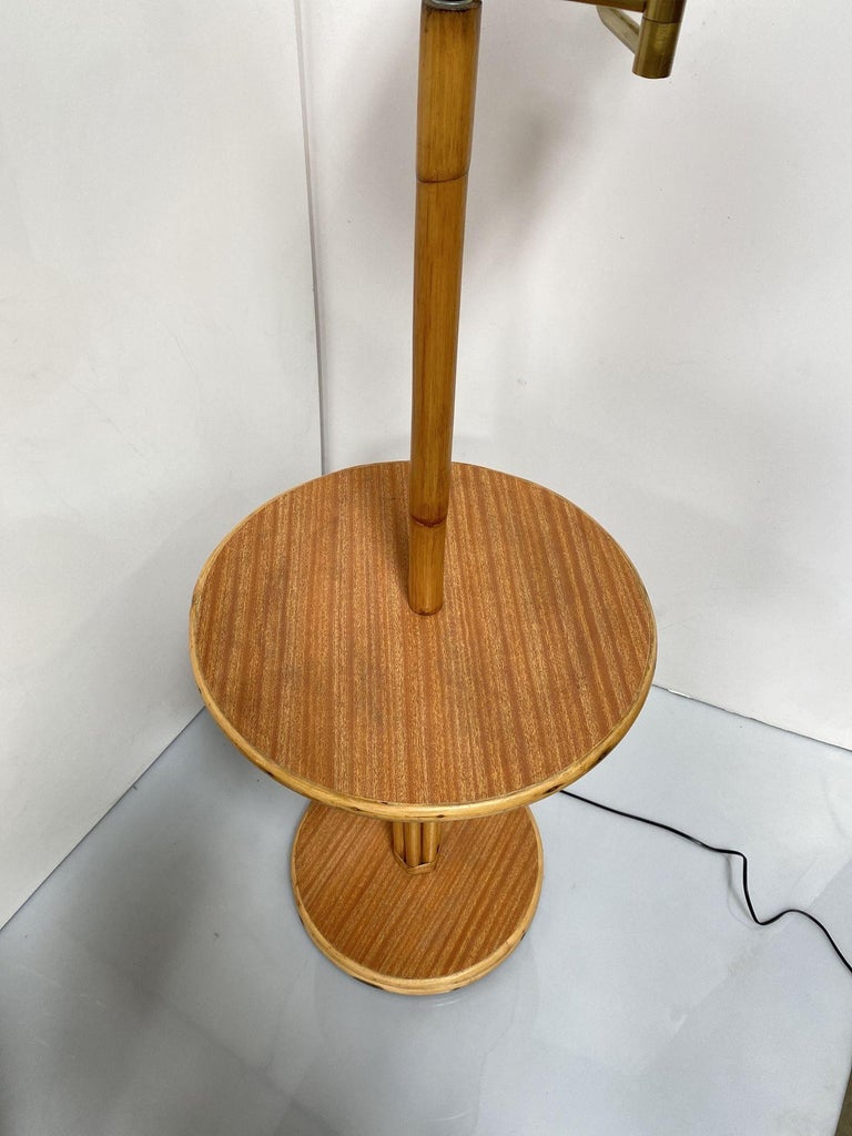 Mid Century Rattan Swing Arm Floor Lamp w/ Drink Stand For Sale at 1stDibs