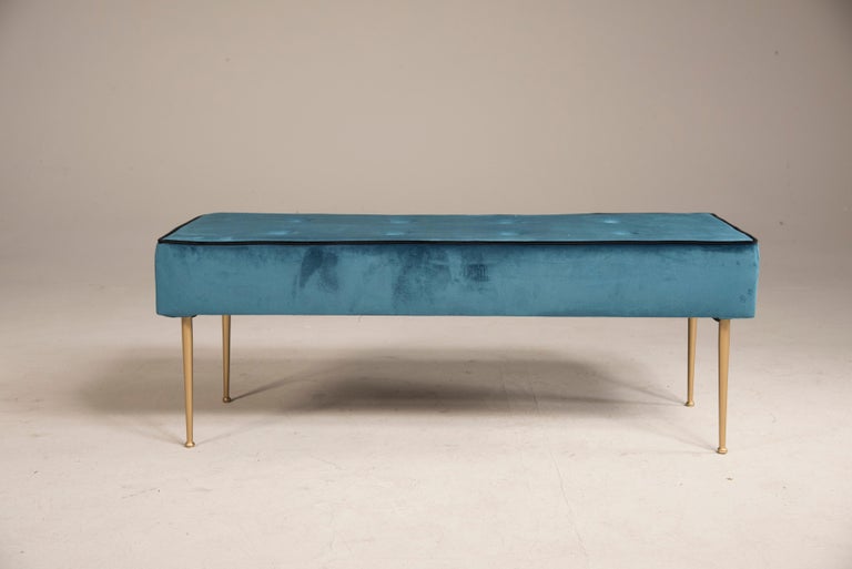 Mid-Century Rectangular Light Blue Silk Velvet Black Lined Brass Legs ...