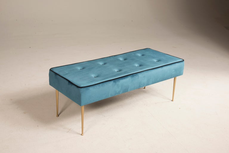 Mid-Century Rectangular Light Blue Silk Velvet Black Lined Brass Legs ...