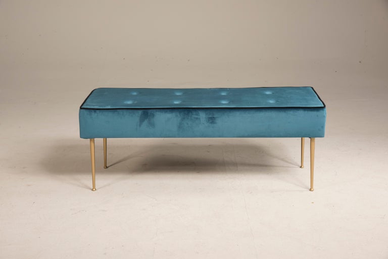 Mid-Century Rectangular Light Blue Silk Velvet Black Lined Brass Legs ...