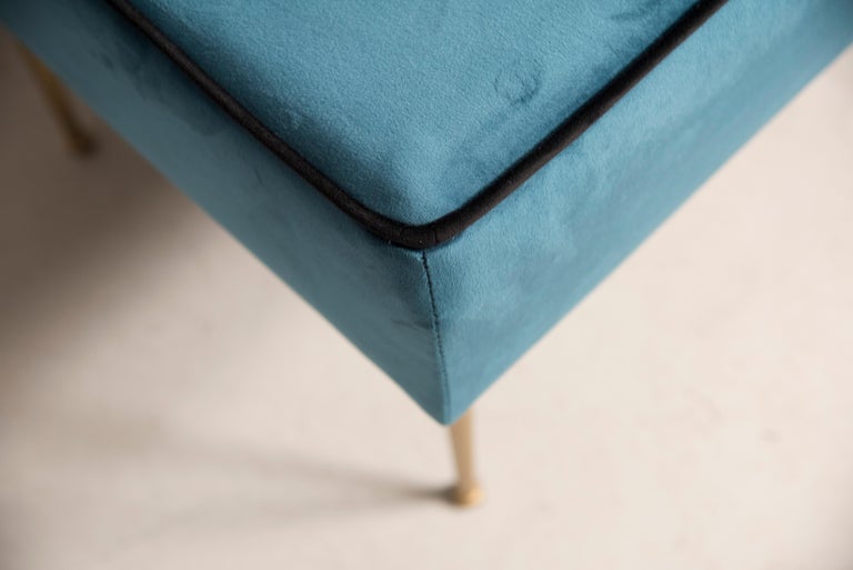 Mid-Century Rectangular Light Blue Silk Velvet Black Lined Brass Legs ...