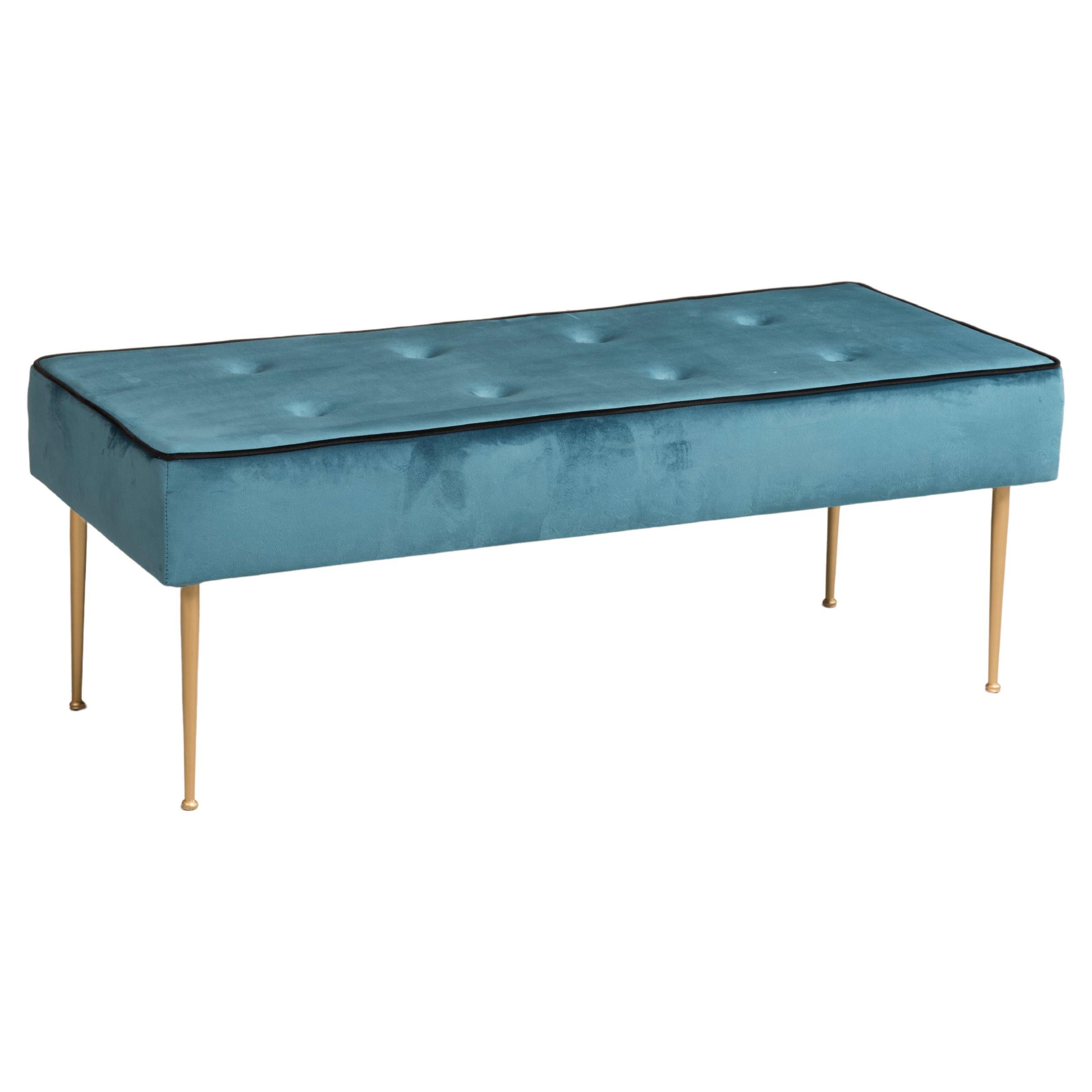 Mid Century Tufted Blue Bench with Brass Legs at 1stDibs