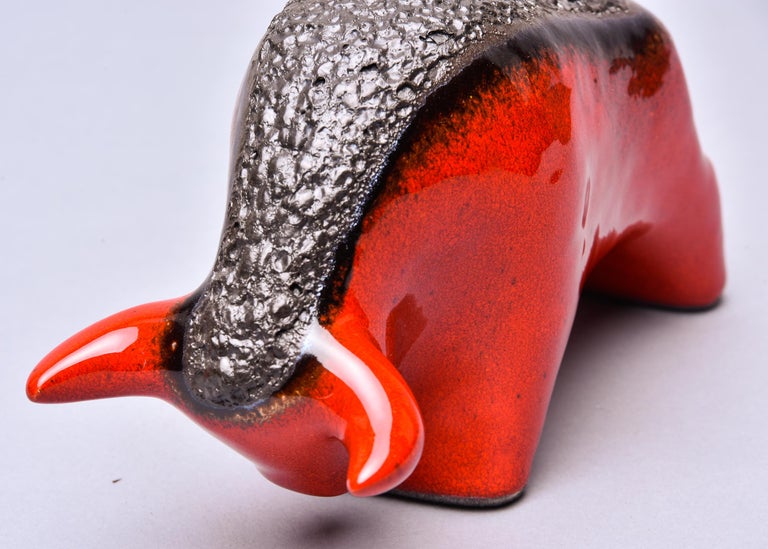 Mid Century Red and Black Lava Style Ceramic Bull at 1stDibs