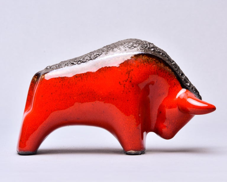 Mid Century Red and Black Lava Style Ceramic Bull at 1stDibs